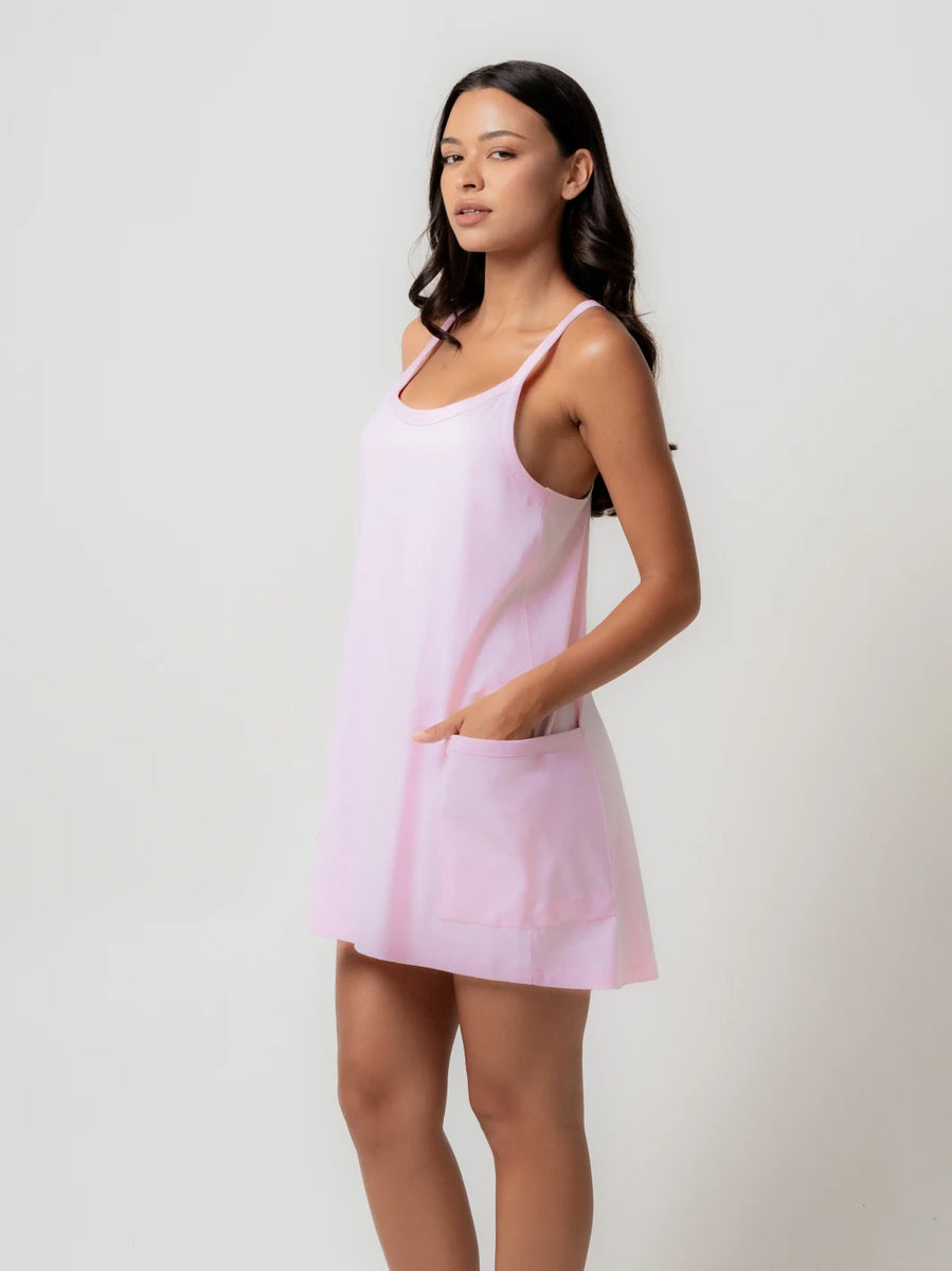 Bermuda Dress Powder Pink – Casual Mini Dress with Round Neck & Pockets ...