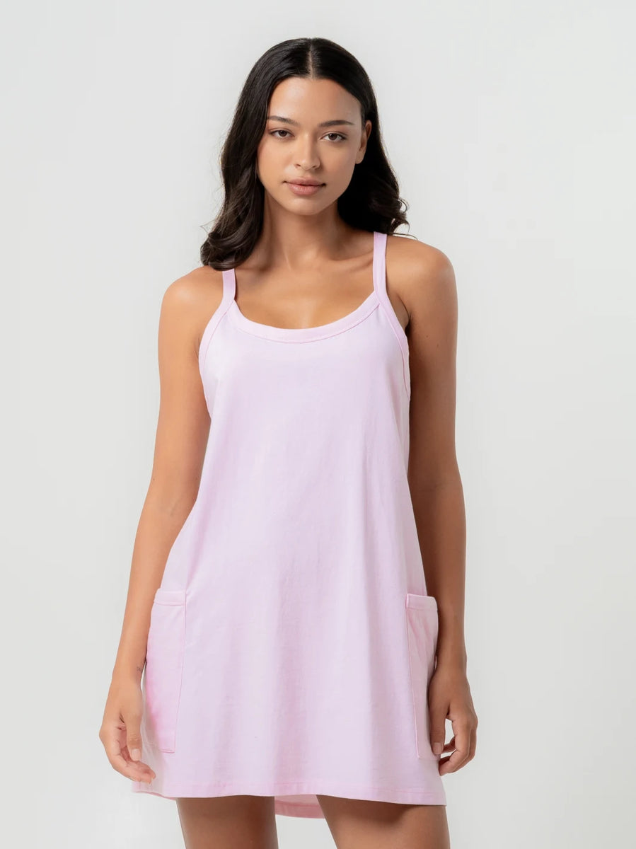 Bermuda Dress Powder Pink – Casual Mini Dress with Round Neck & Pockets ...